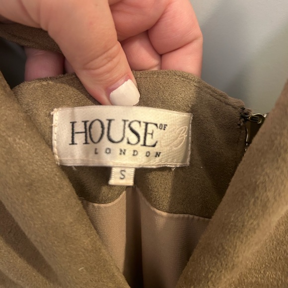 House of CB | Dresses | House Of Cb Suede Midi Dress V Neck Taupe Euc ...